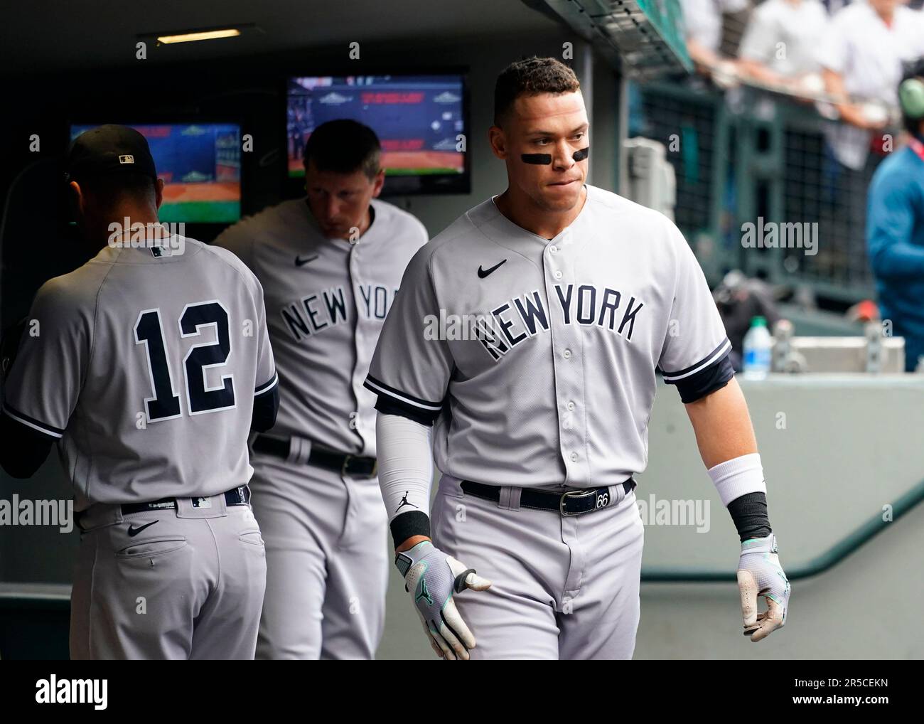 New York Yankees designated hitter Aaron Judge walks in the dugout ...