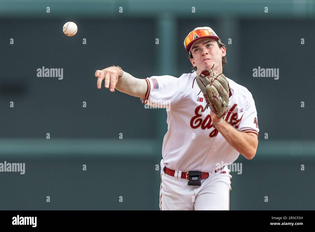Boston College infielder Sam McNulty (28) throws to first for an out ...