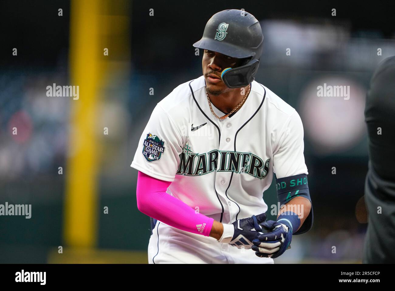 Seattle Mariners' Julio Rodriguez reacts after hitting a single against ...