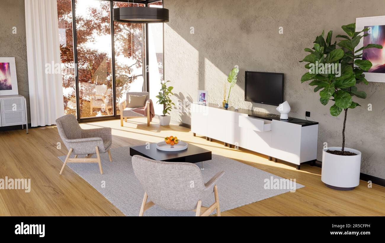 Internal view of an open space with big windows, large size, modern and ...