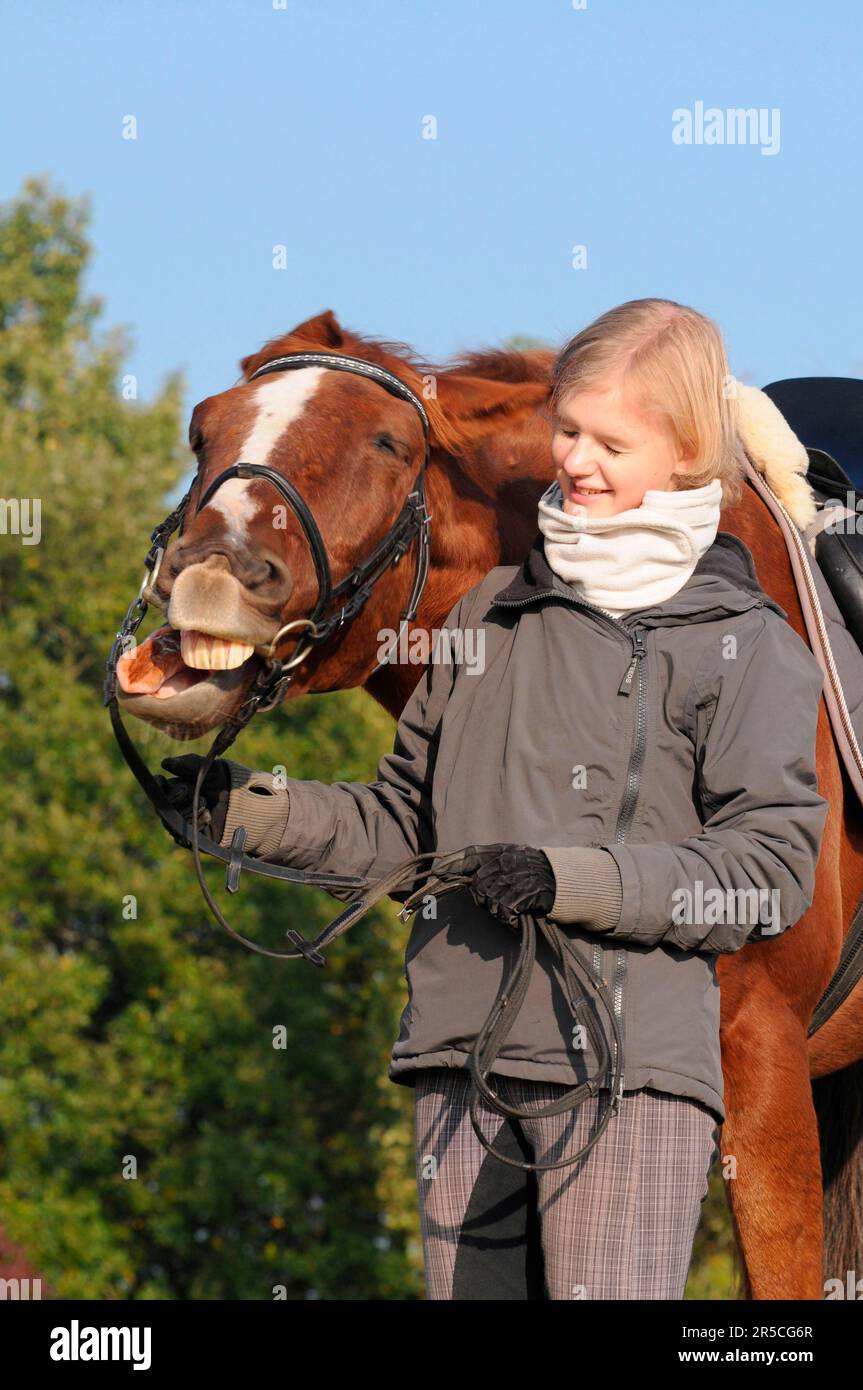 Girl and german warmblood, german riding horse, bridle, reins, grimace ...