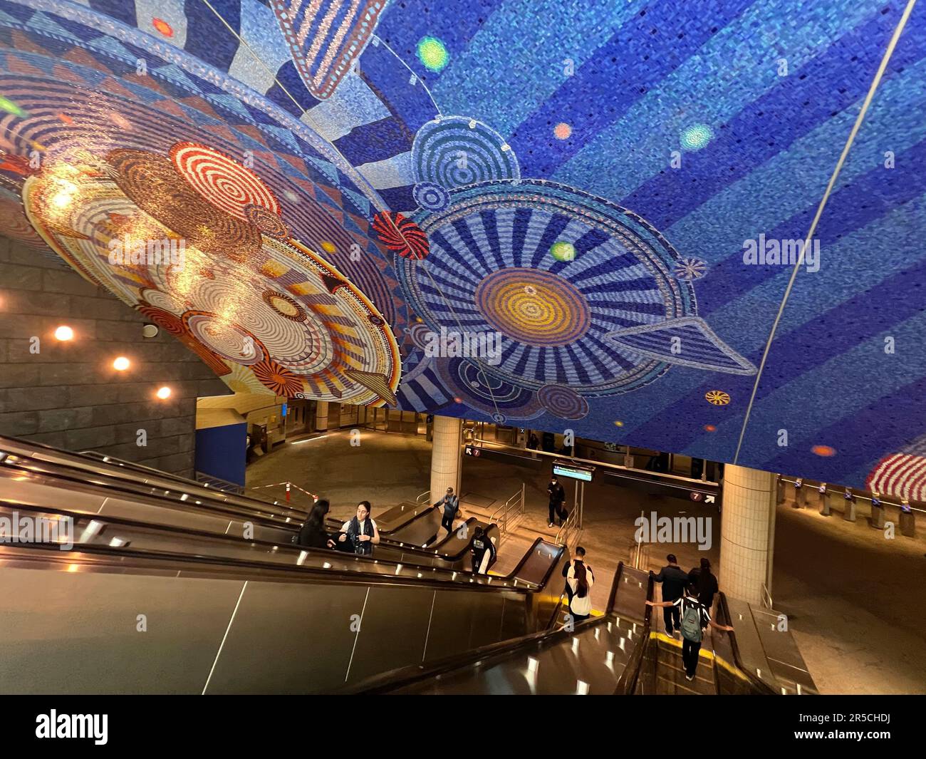 Escalator and mosaic tile ceiling at the Hudson Yards 7 train subway ...