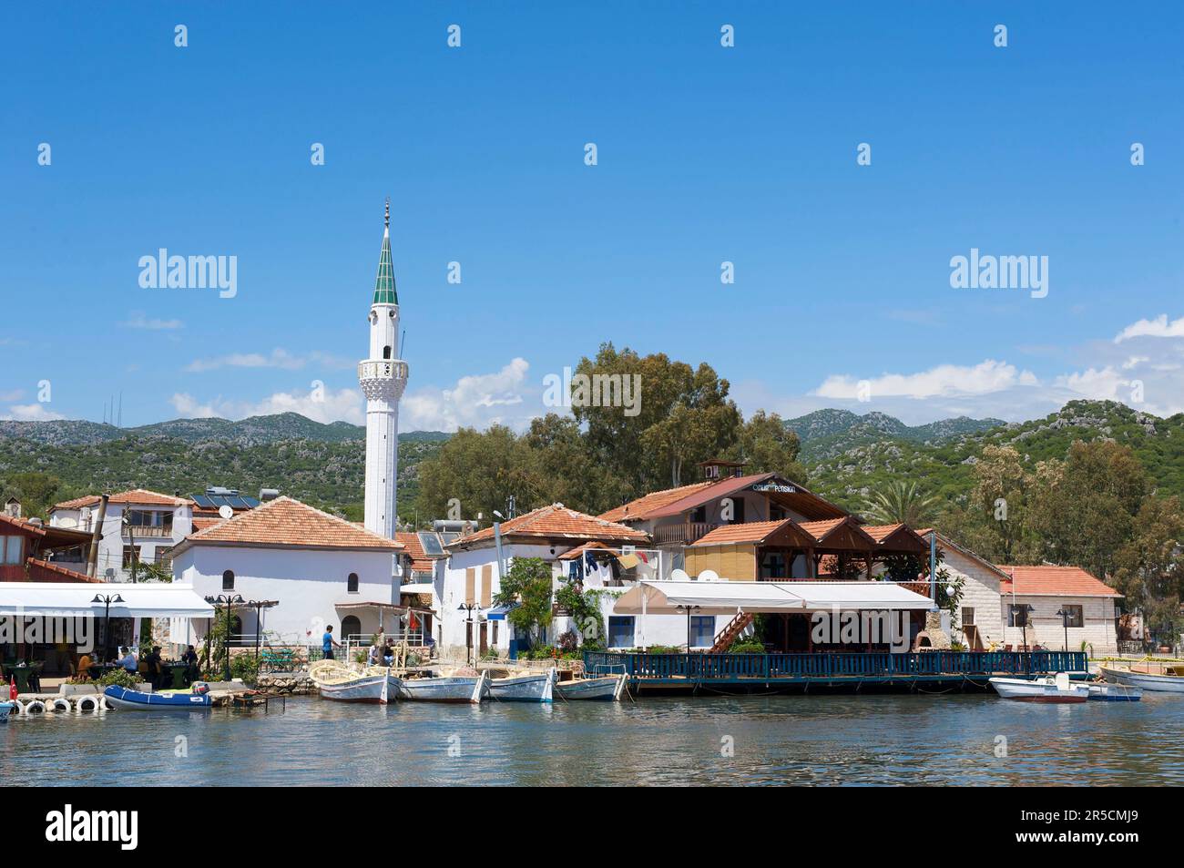 Excursion boat in the harbour of Ucagiz, Riviera, Turkish south coast ...