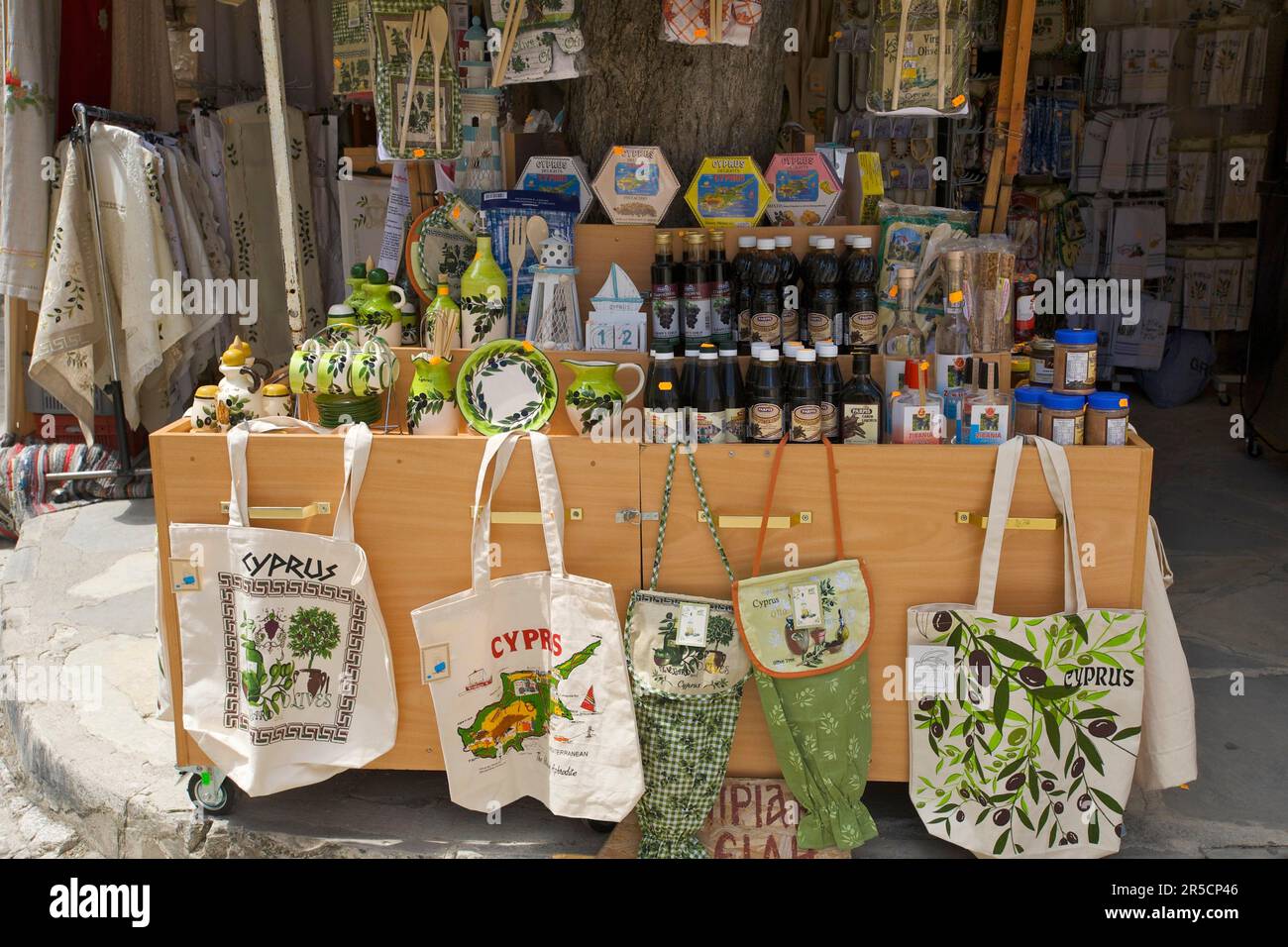 Souvenir stalls in Omodos, Troodos Mountains, South Cyprus Stock Photo ...