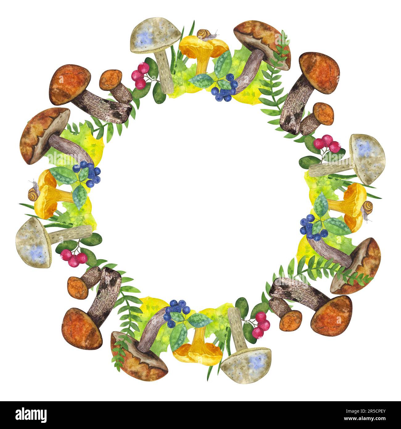 Round frame botanical wreath: edible mushrooms, leaves and berries ...