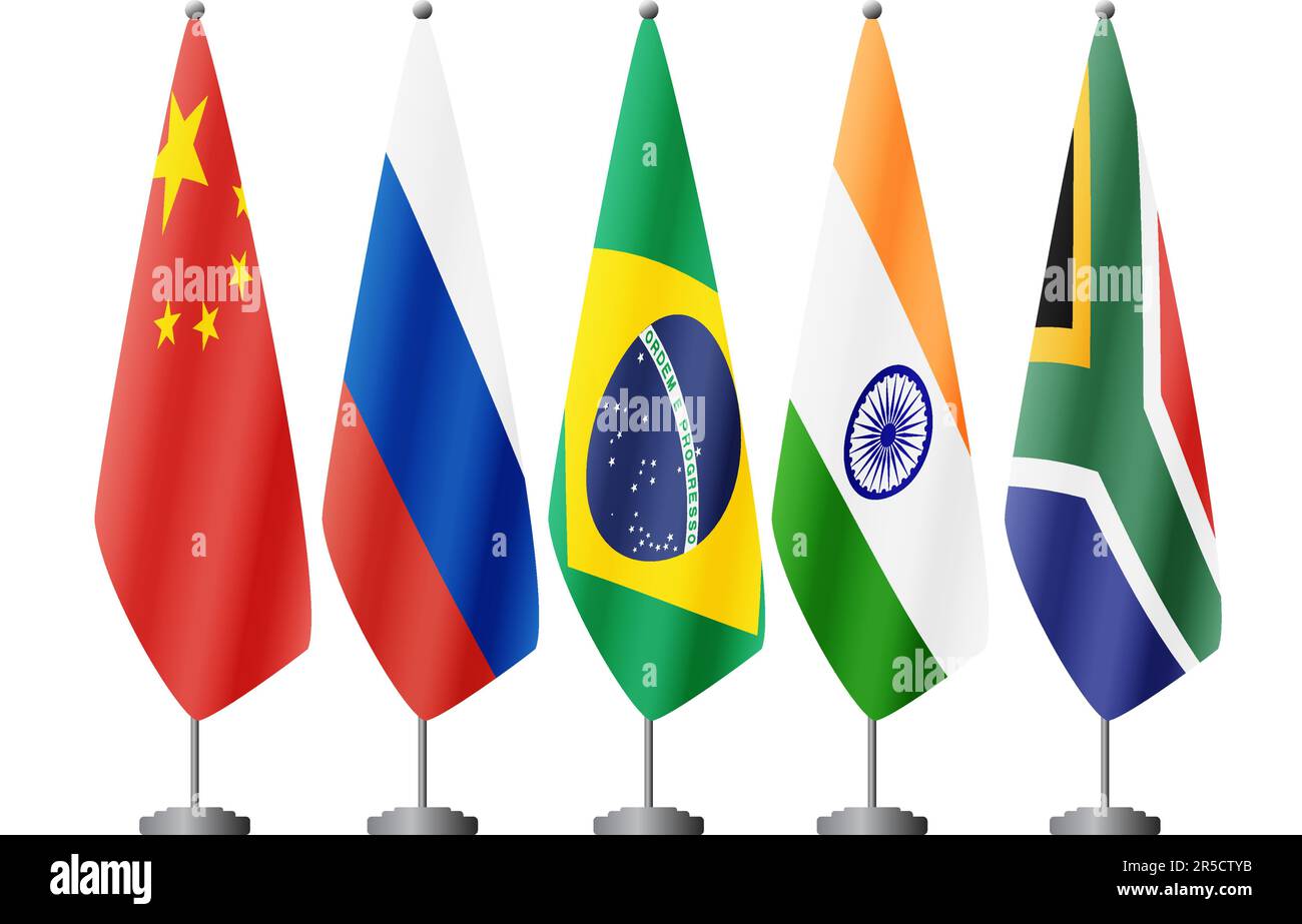 Five BRICS countries flags on flag stands, vector Stock Vector Image ...
