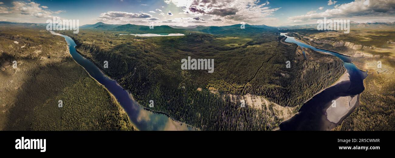 Aerial, drone view along the Yukon River in spring, early summer with ...
