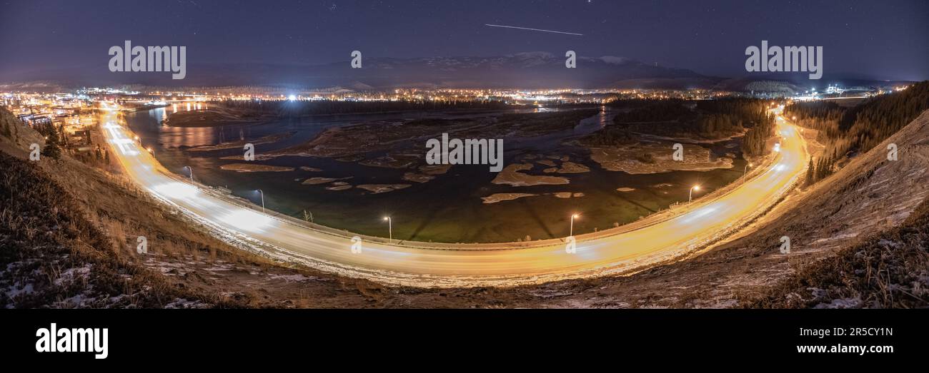 Aerial, panorama shot of Whitehorse city in northern Canada, capital of ...