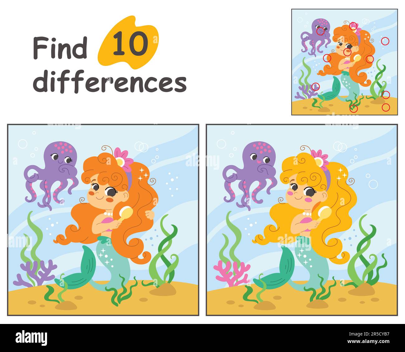 Educational game for children. Find 10 differences with template. Cute ...