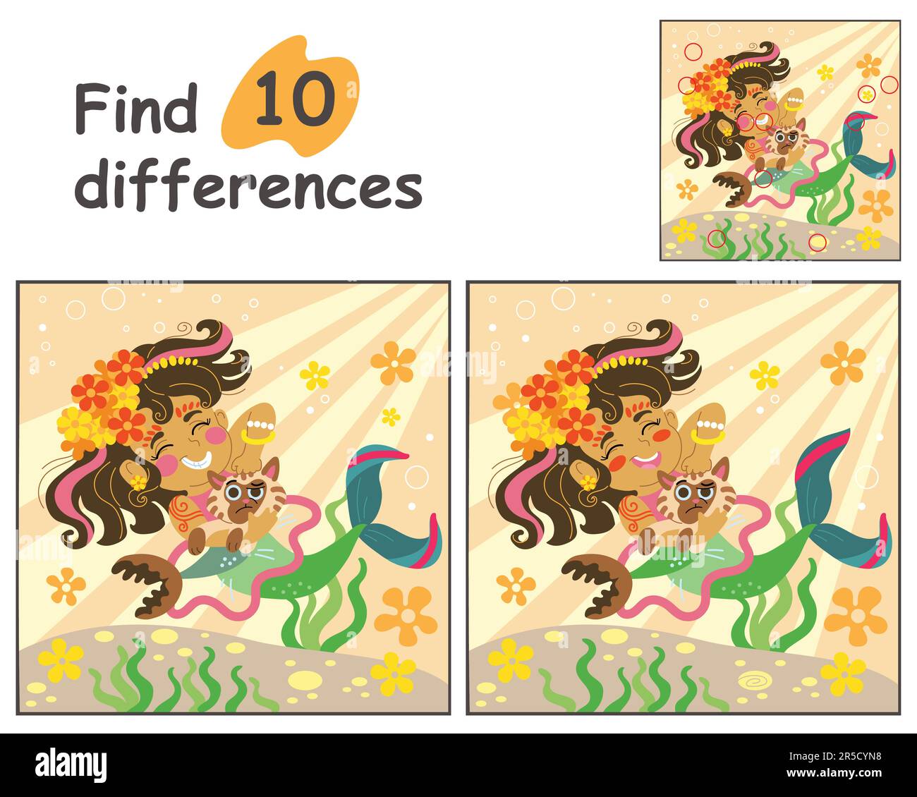Educational game for children. Find 10 differences with template. Cute ...