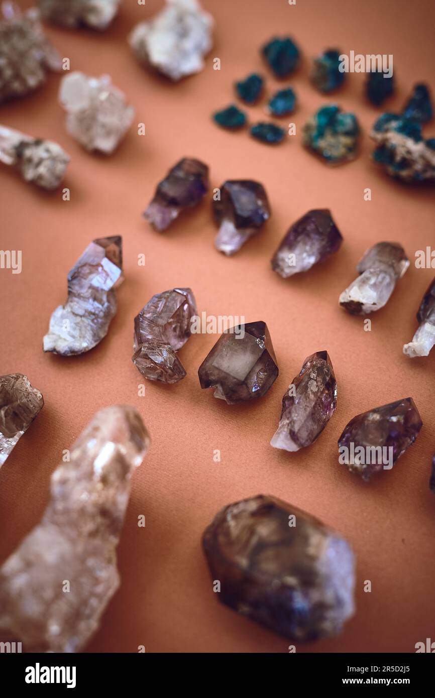 Each crystal is unique. High angle shot of a table filled with ...