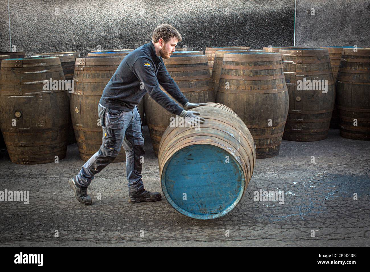 Warehouse Man rolling a whisky cask at Glengoyne Distillery - Dumgoyne ...
