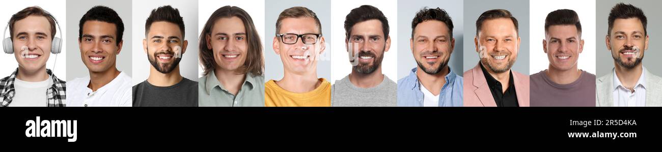 Set with portraits of happy men on different color backgrounds Stock ...
