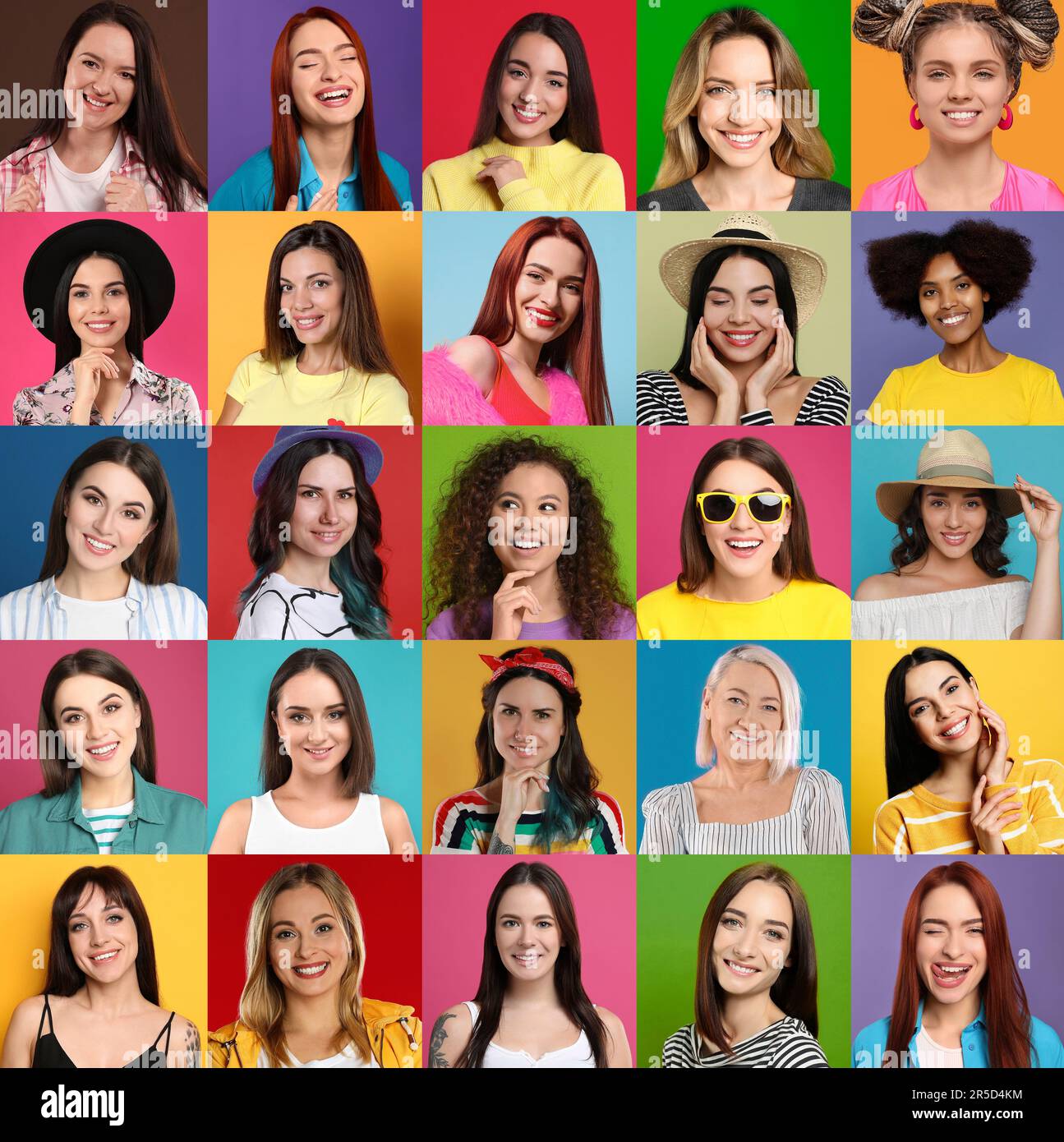 Collage with portraits of happy women on different color backgrounds ...