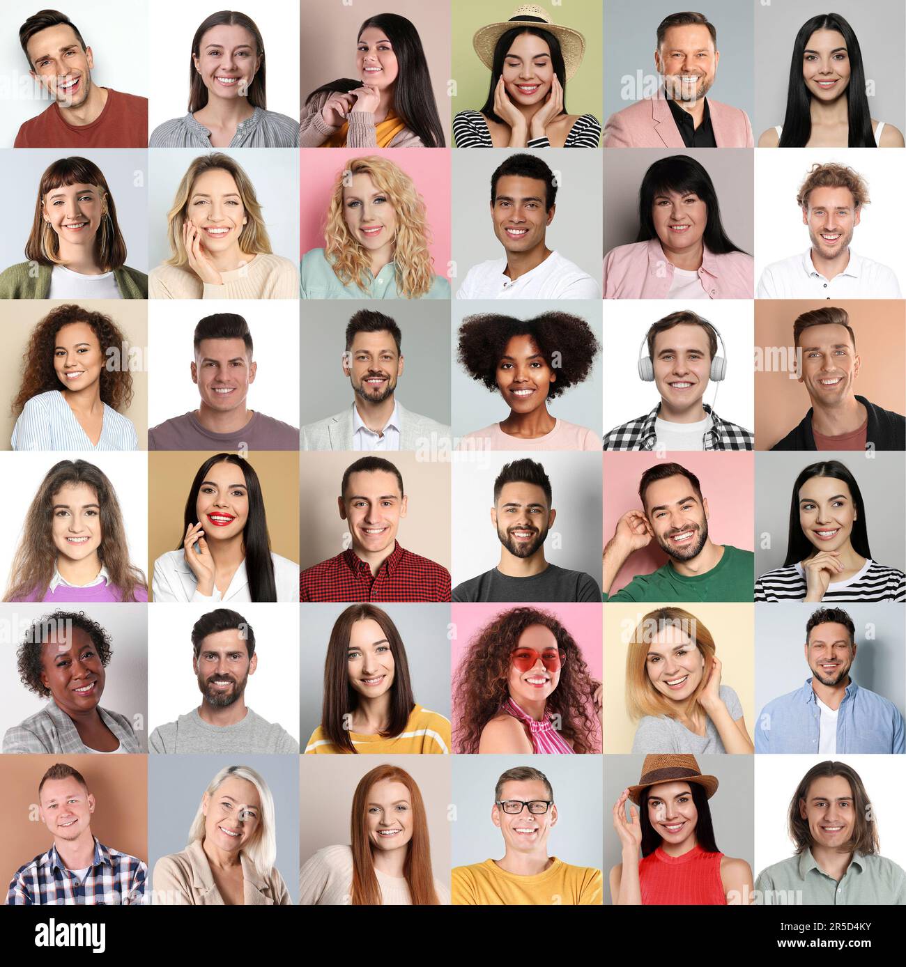 Collage with portraits of happy people on different color backgrounds ...