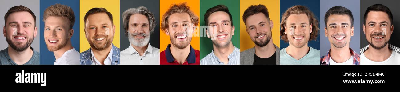 Set with portraits of happy men on different color backgrounds Stock ...