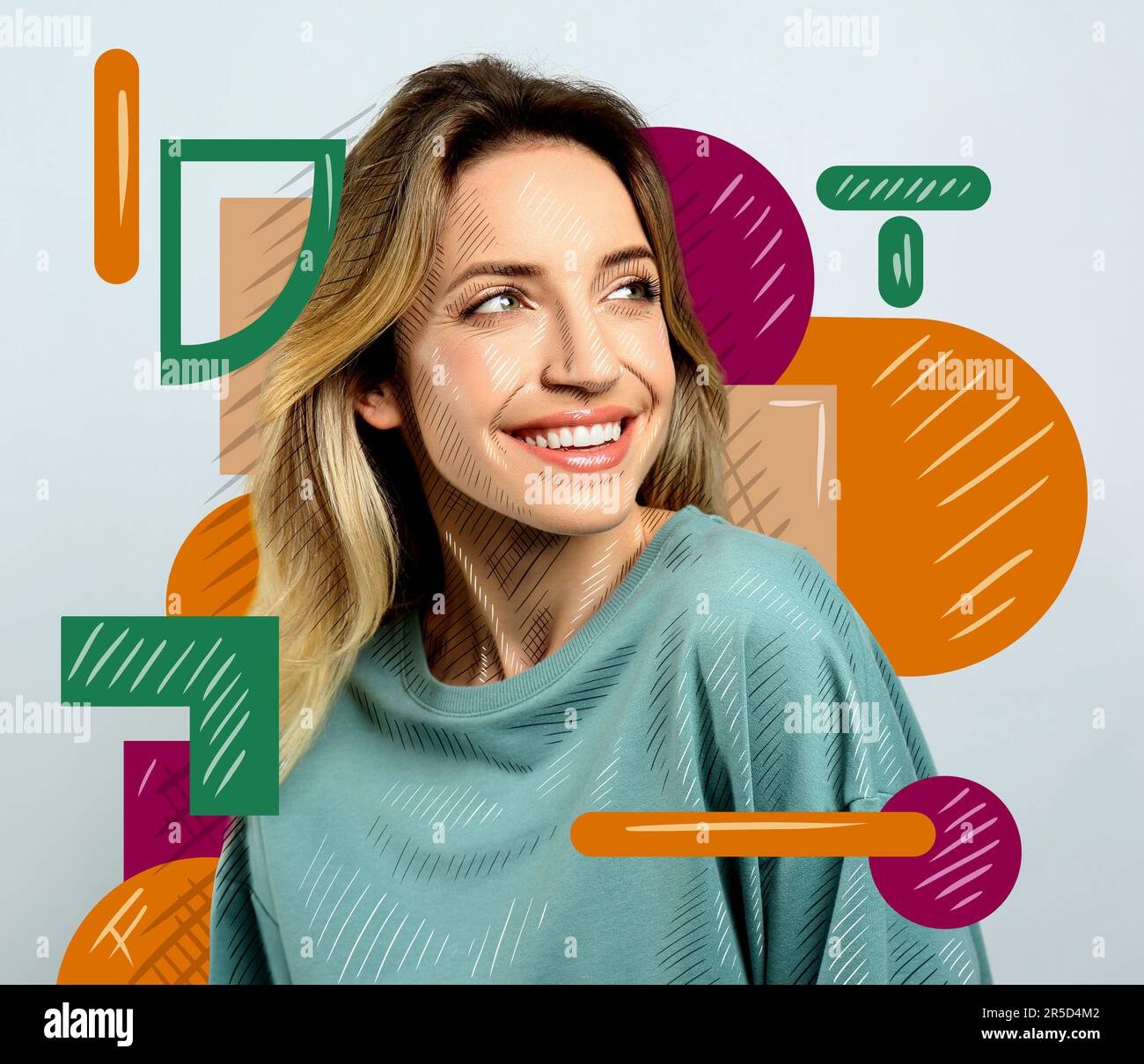 Stylish creative artwork. Happy woman and geometric figures on white ...