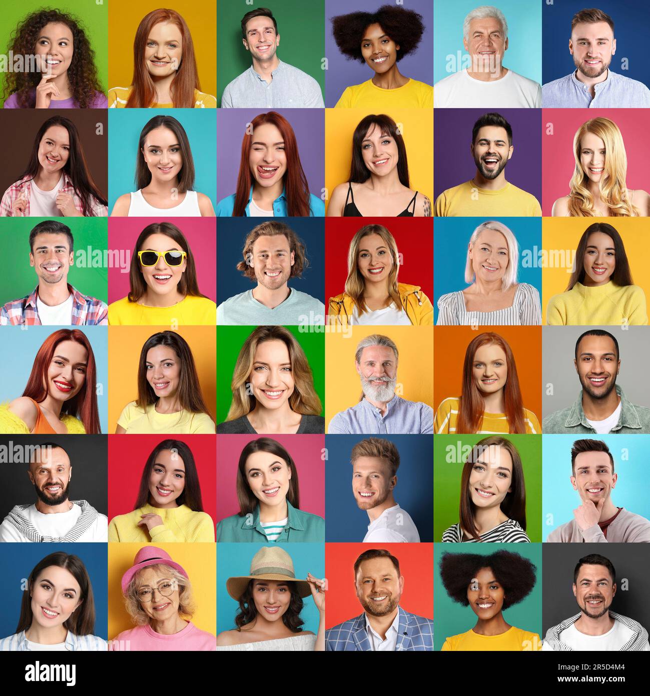 Collage with portraits of happy people on different color backgrounds ...