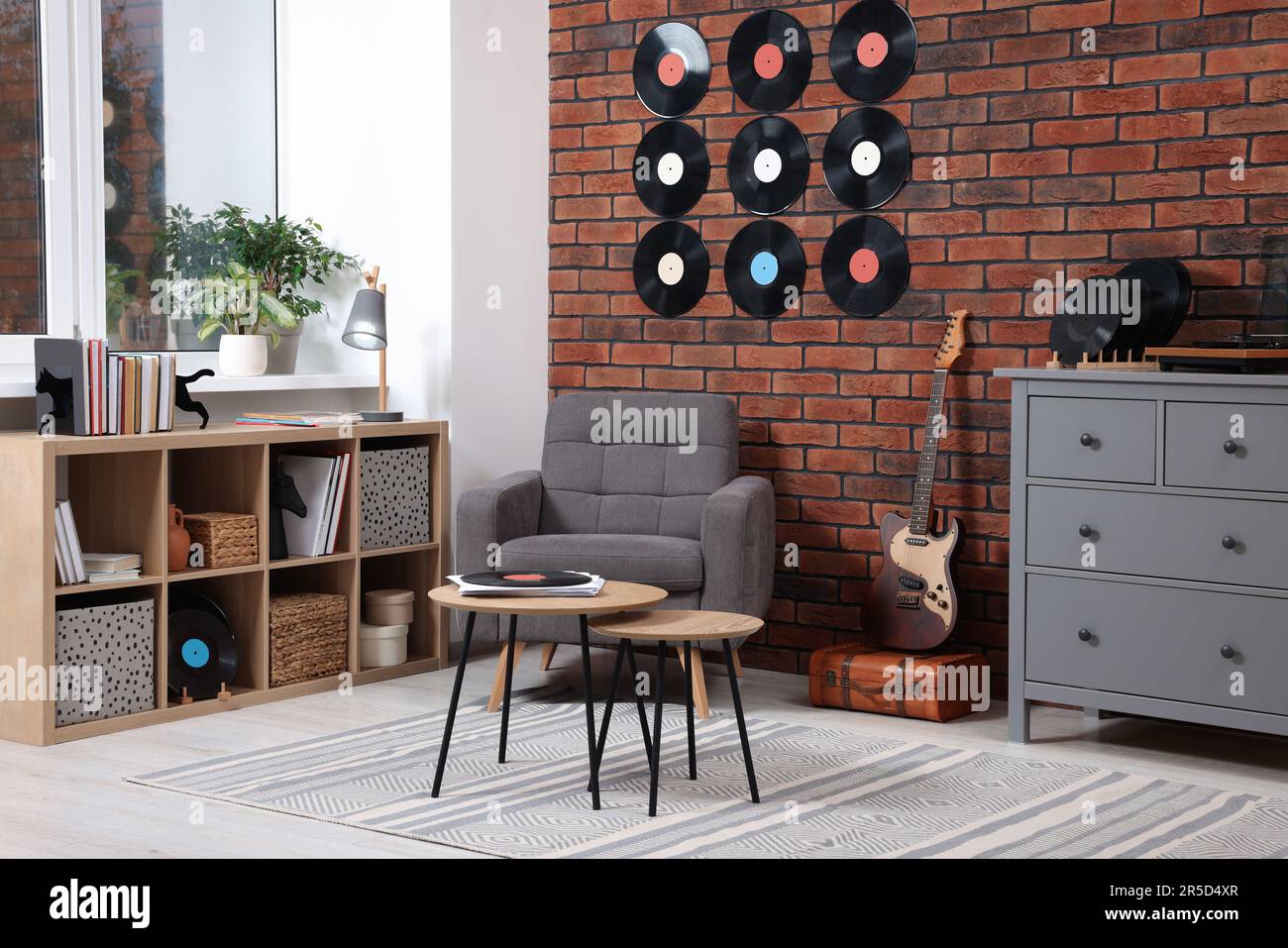 Living room decorated with vinyl records. Interior design Stock Photo ...