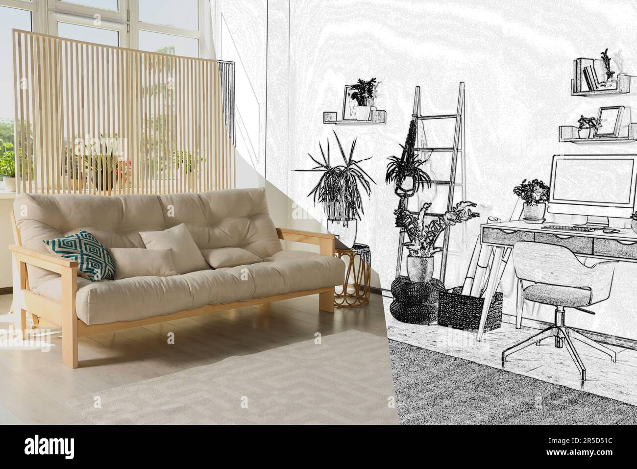 From idea to realization. Stylish apartment interior with combined ...