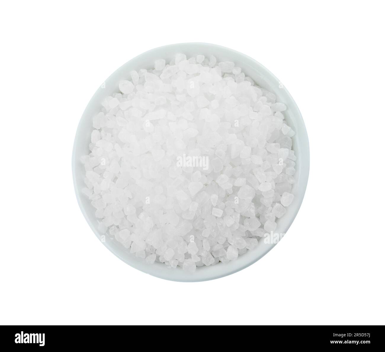 Natural sea salt in bowl isolated on white, top view Stock Photo - Alamy