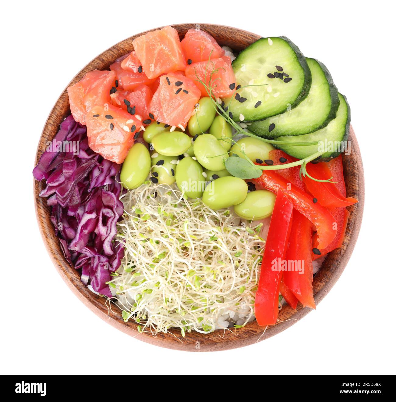 Delicious poke bowl with vegetables, fish and edamame beans on white ...