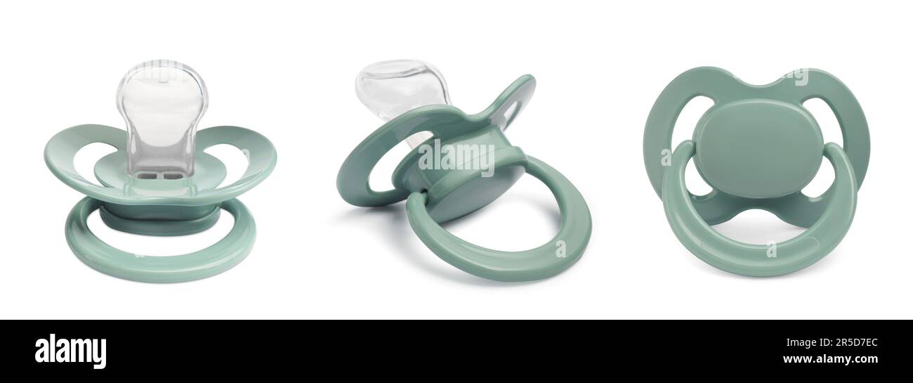 Collage of pale green baby pacifier on white background, views from ...