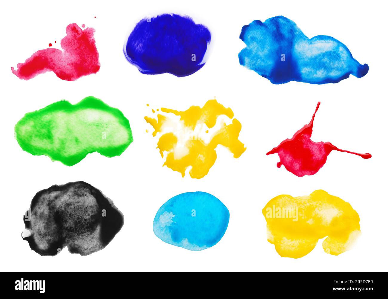 Set with colorful blots of ink on white background, top view Stock ...