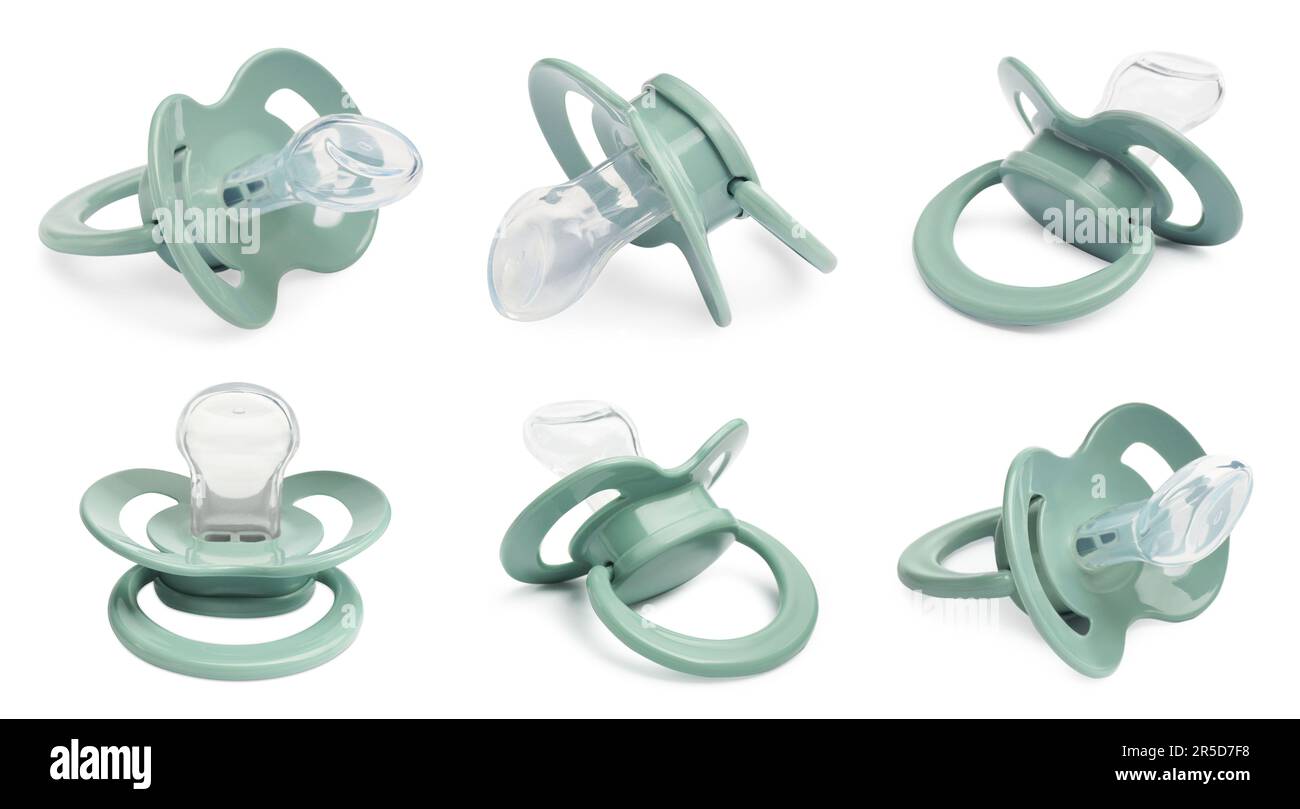 Collage of pale green baby pacifier on white background, views from ...