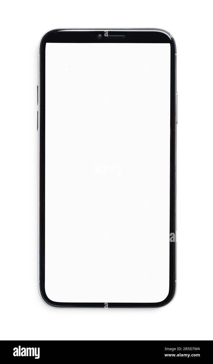 Stylish smartphone with blank screen isolated on white, top view ...