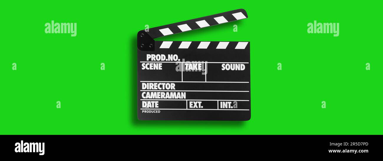 Clapper board on chroma key background, top view. Banner design Stock ...