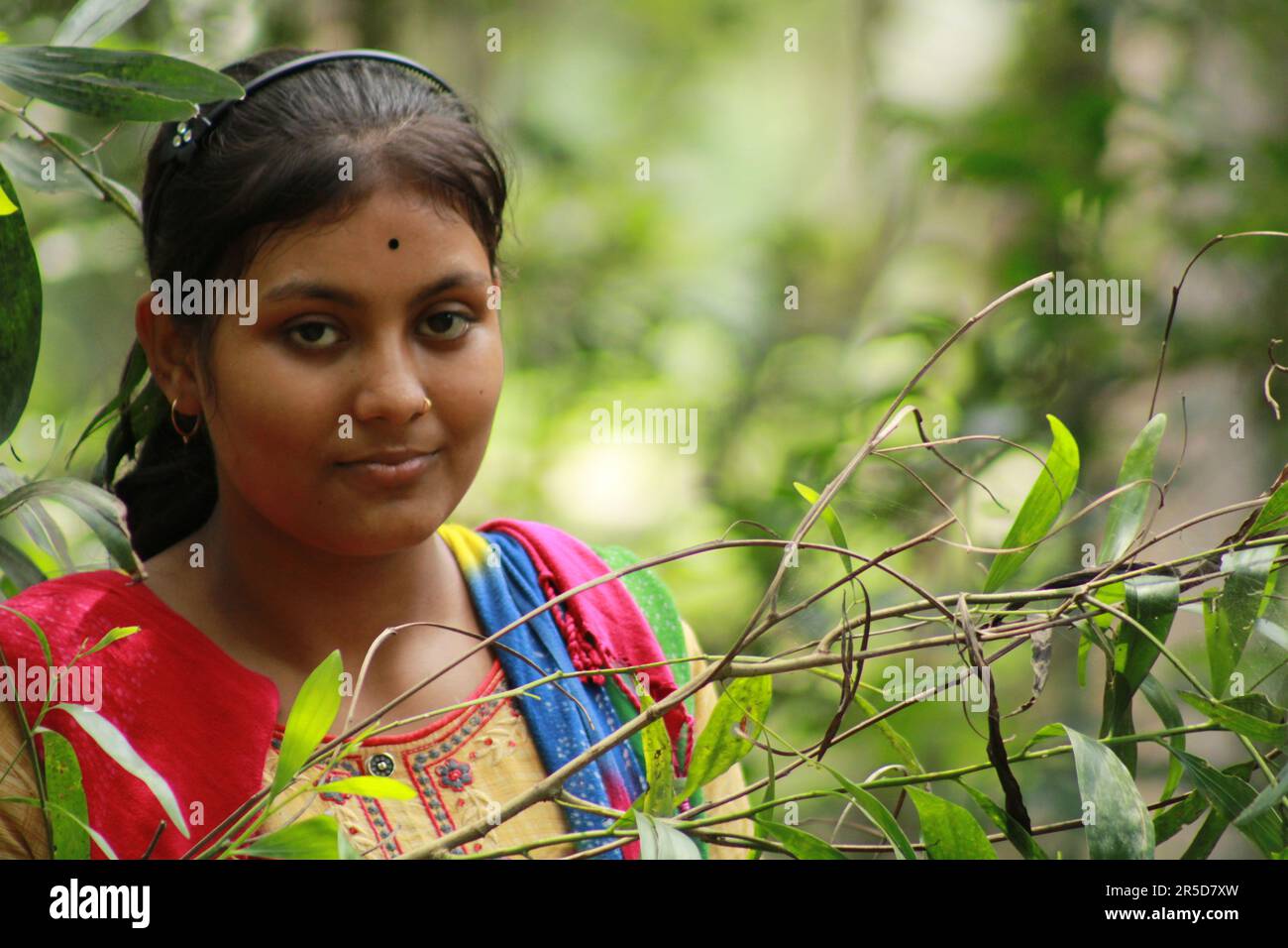 Close-up portrait of a Indian teenage girl looking at camera over nature background Stock Photo ...