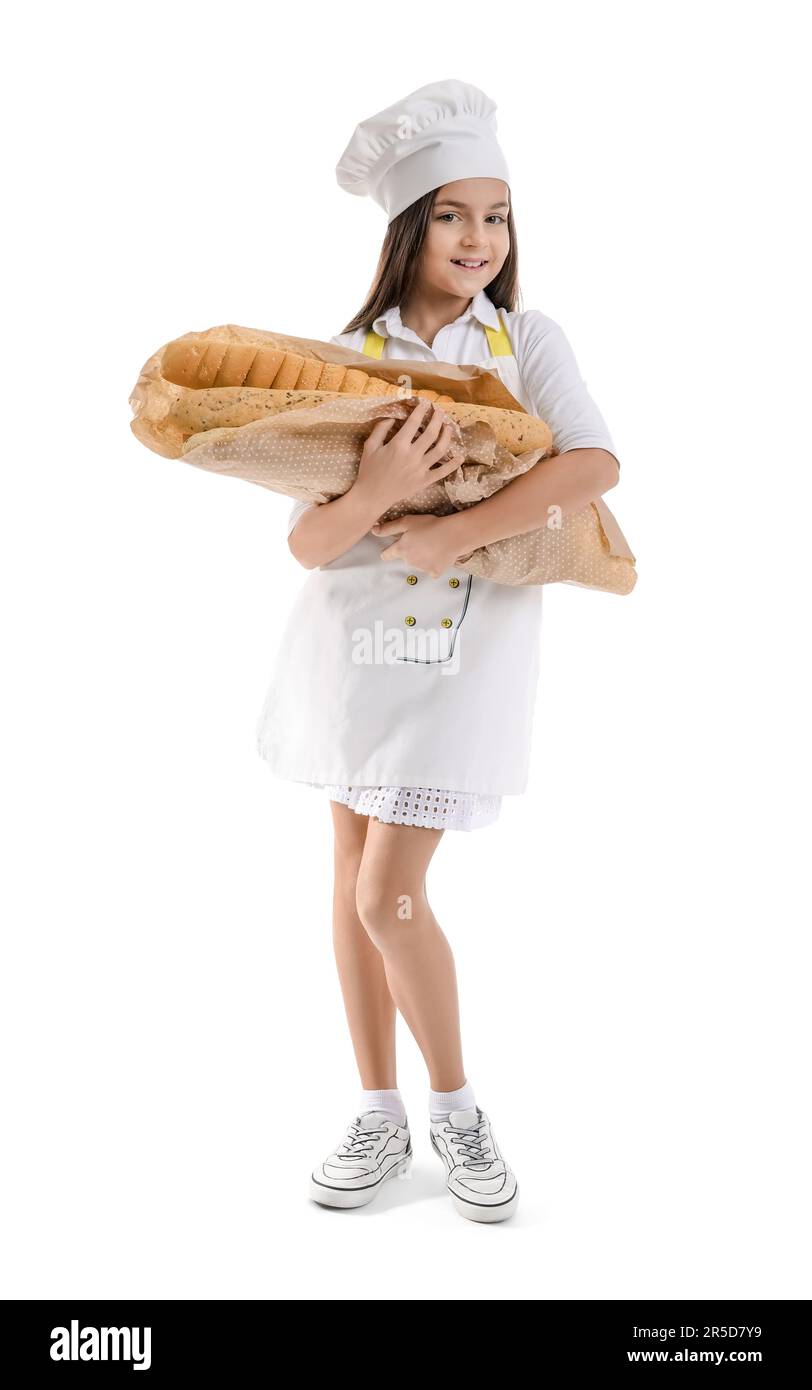 Little baker with fresh baguettes on white background Stock Photo - Alamy