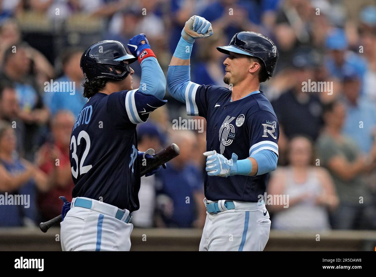 Kansas City Royals' Drew Waters, right, celebrates with Nick Pratto (32 ...