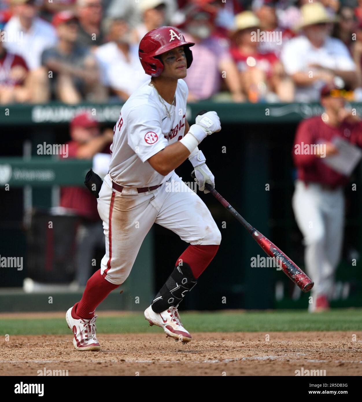 Arkansas' Tavian Josenberger watches his two-run home run against Santa Clara during the sixth ...