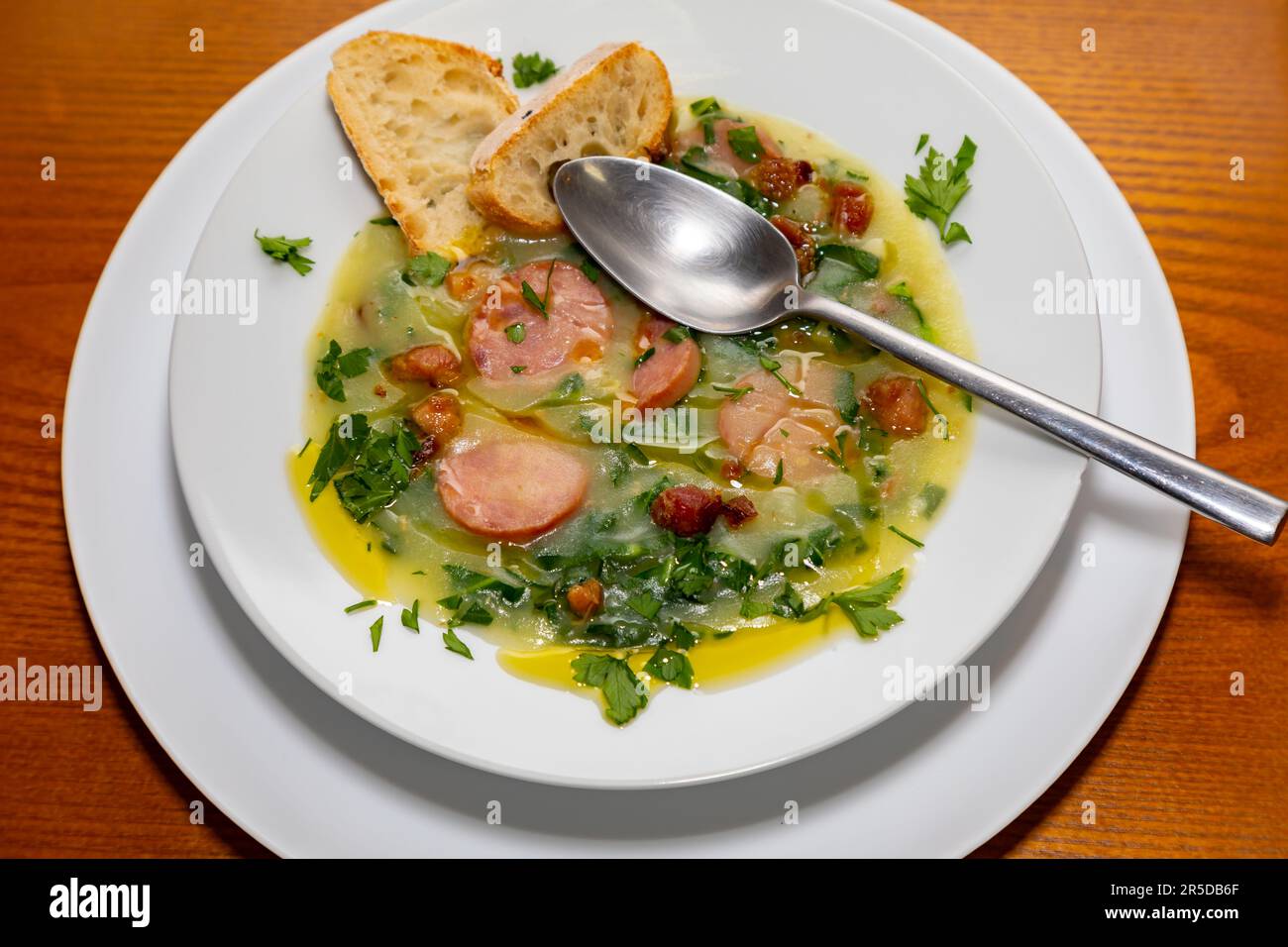 Traditional Portuguese style soup called Caldo Verde with traditional ...