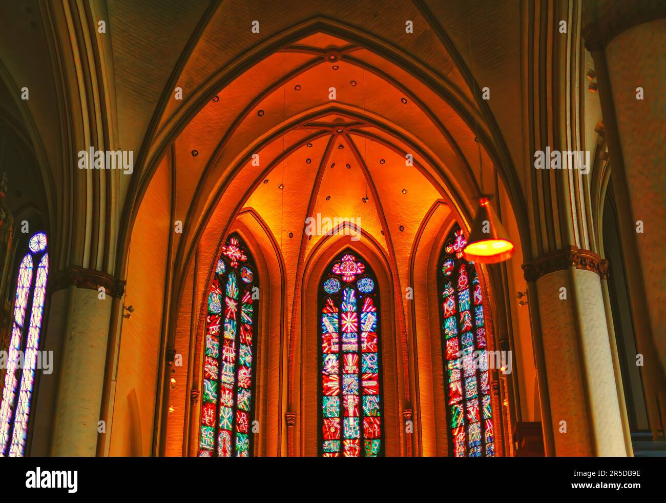 Interior cathedral columns with window church . Stained colorful window ...
