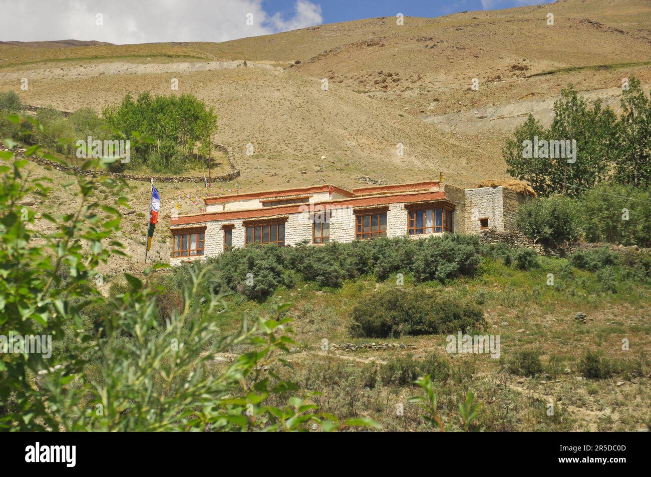 A traditional Ladakhi house amidst the greenery in a dry mountain of ...