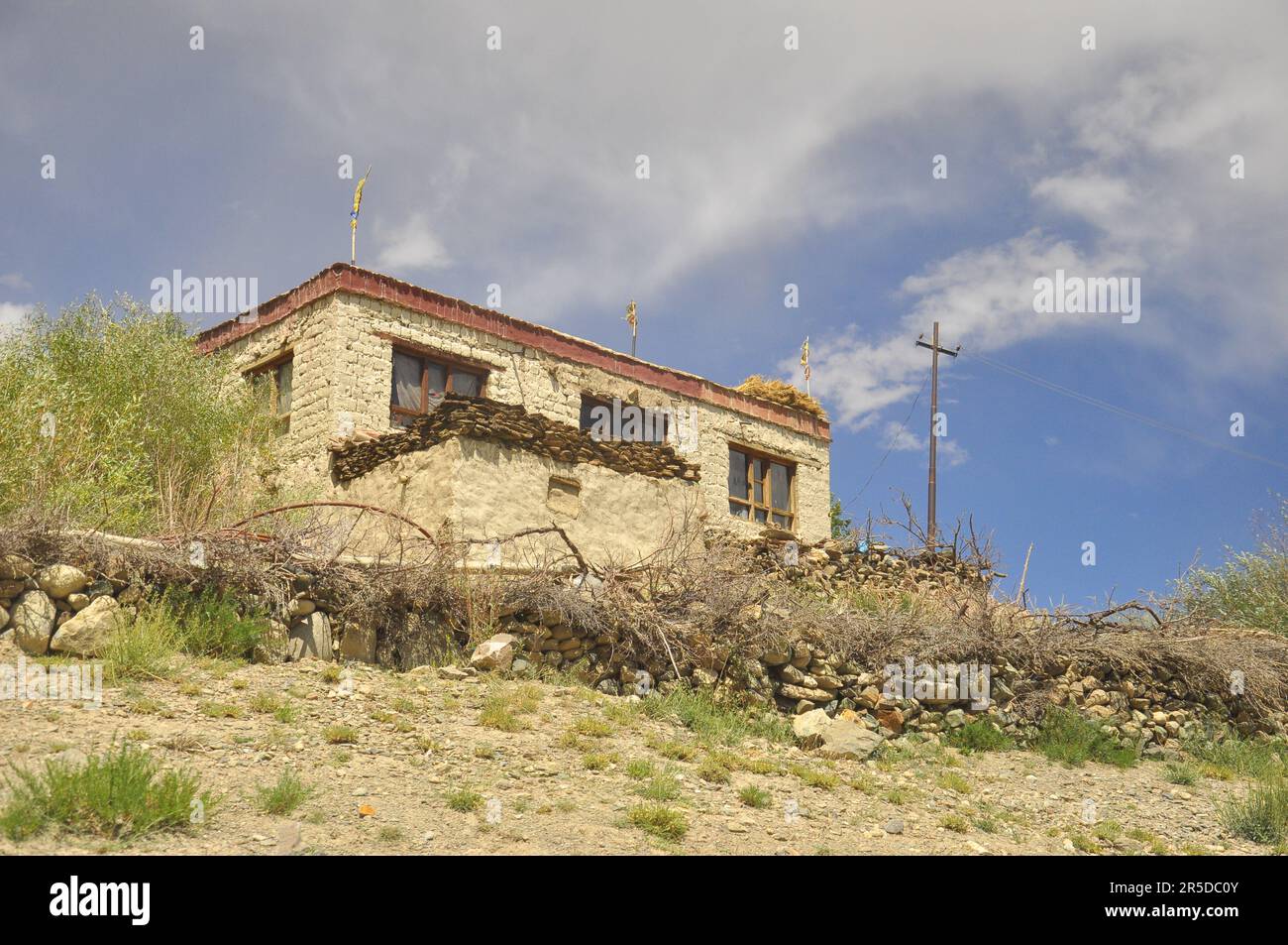 Low angle view of a old Ladakhi traditional house with sky view in ...