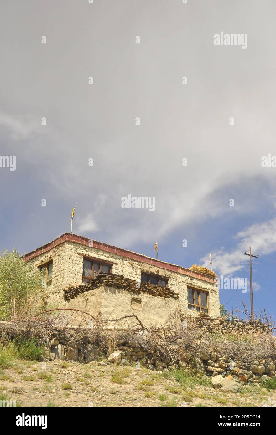 Low angle view of a old Ladakhi traditional house with sky view in ...