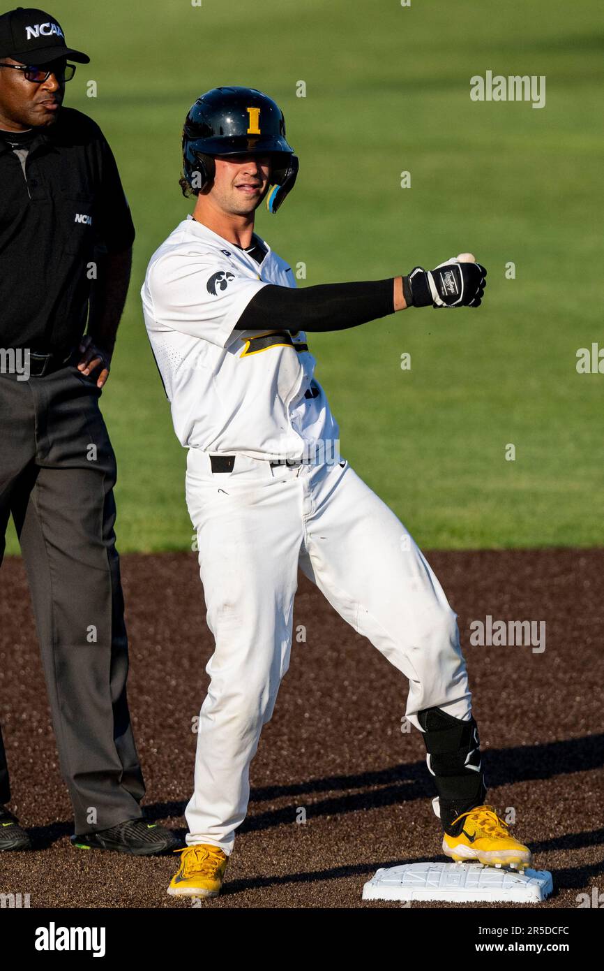 Iowa catcher Cade Moss (40) reacts while standing on second base after ...