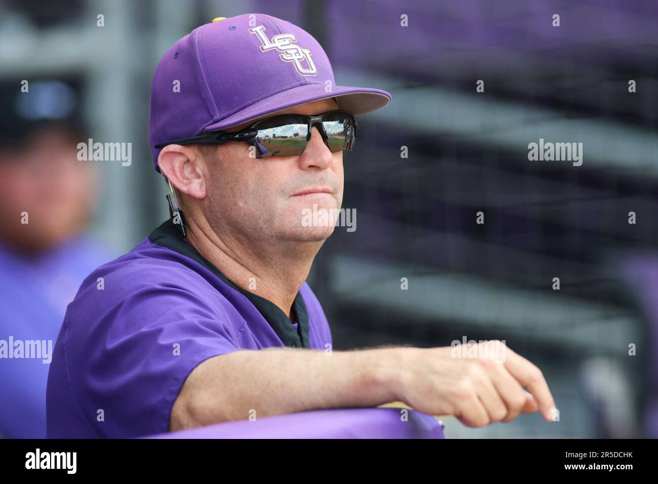 June 2, 2023: LSU Head Coach Jay Johnson looks on as his team warms up ...