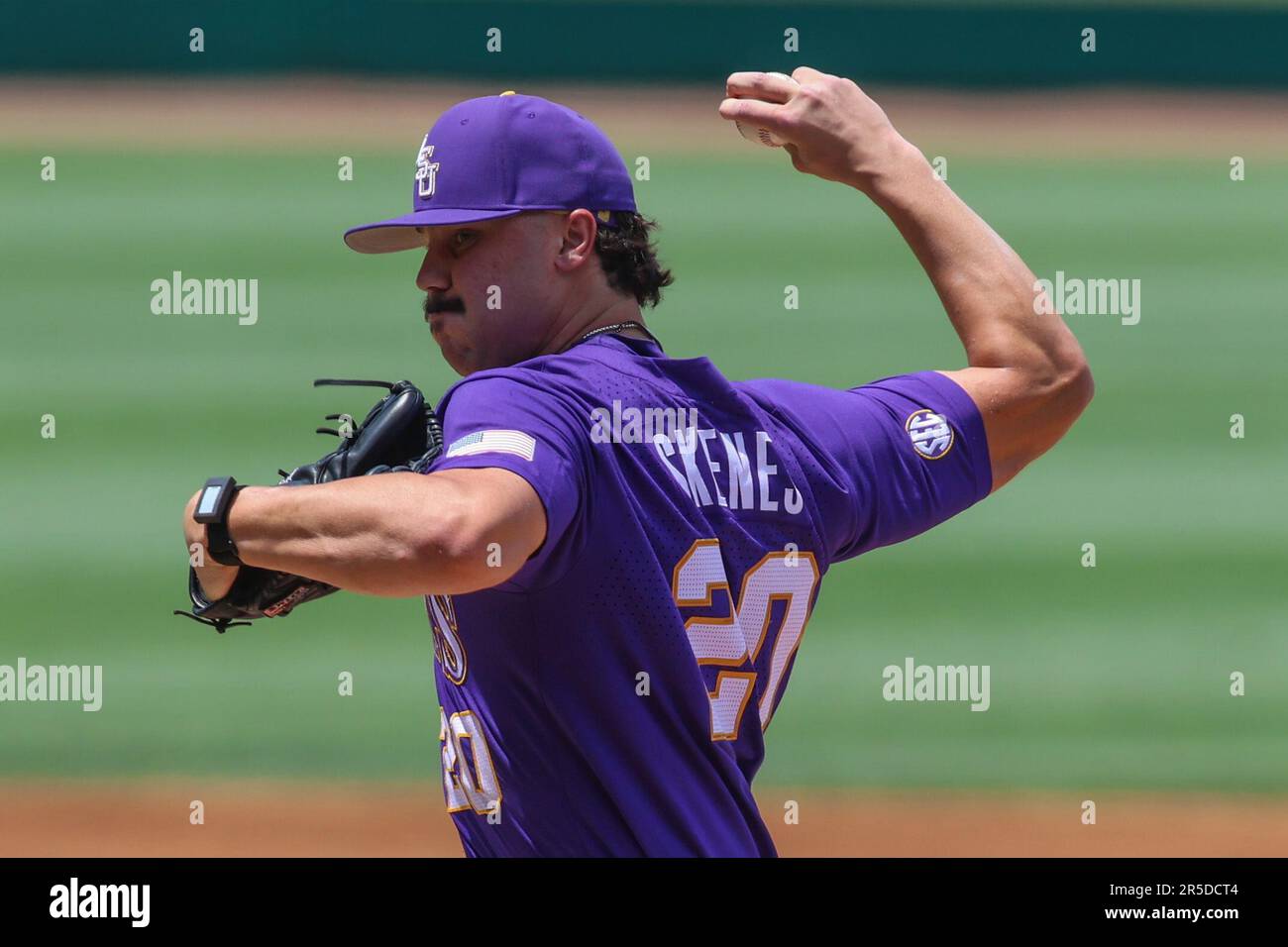 Baton Rouge, LA, USA. 2nd June, 2023. LSU starting pitcher Paul Skenes ...