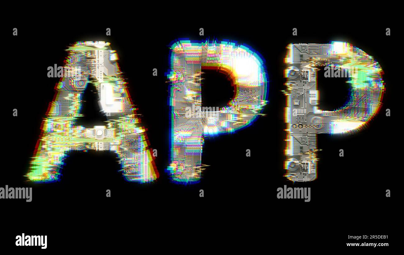 glitch and chromatic aberrations cybernetical text APP on black ...