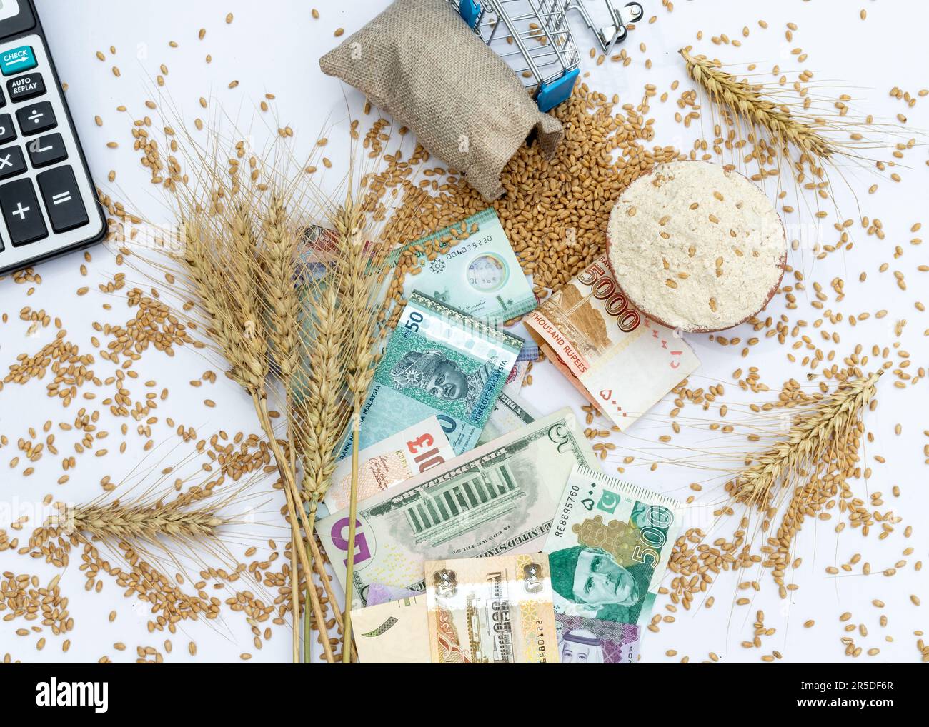 Wheat flour and wheat grain in a brown bag with world mix currencies ...