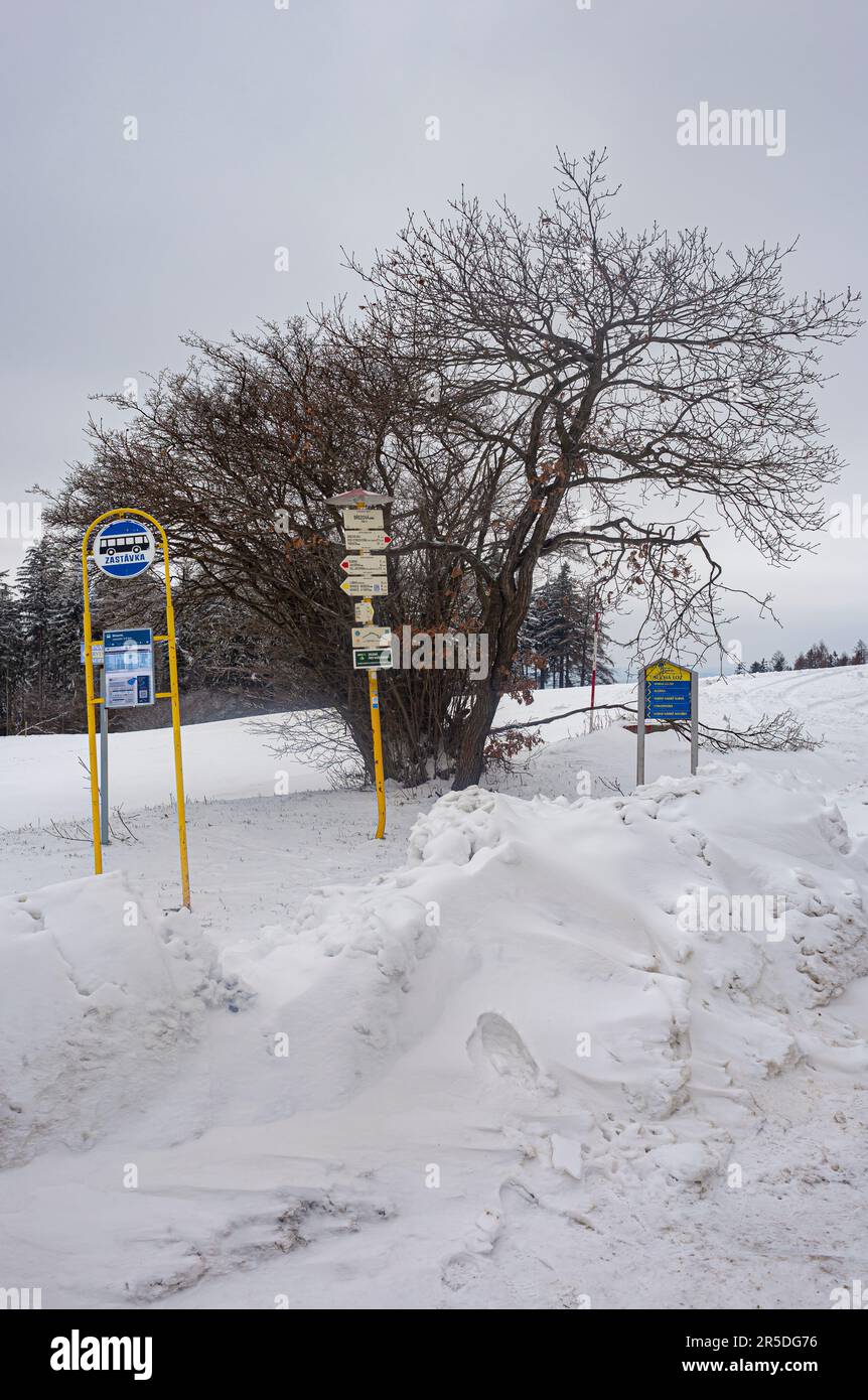 Bus stop in a snowy landscape Stock Photo - Alamy