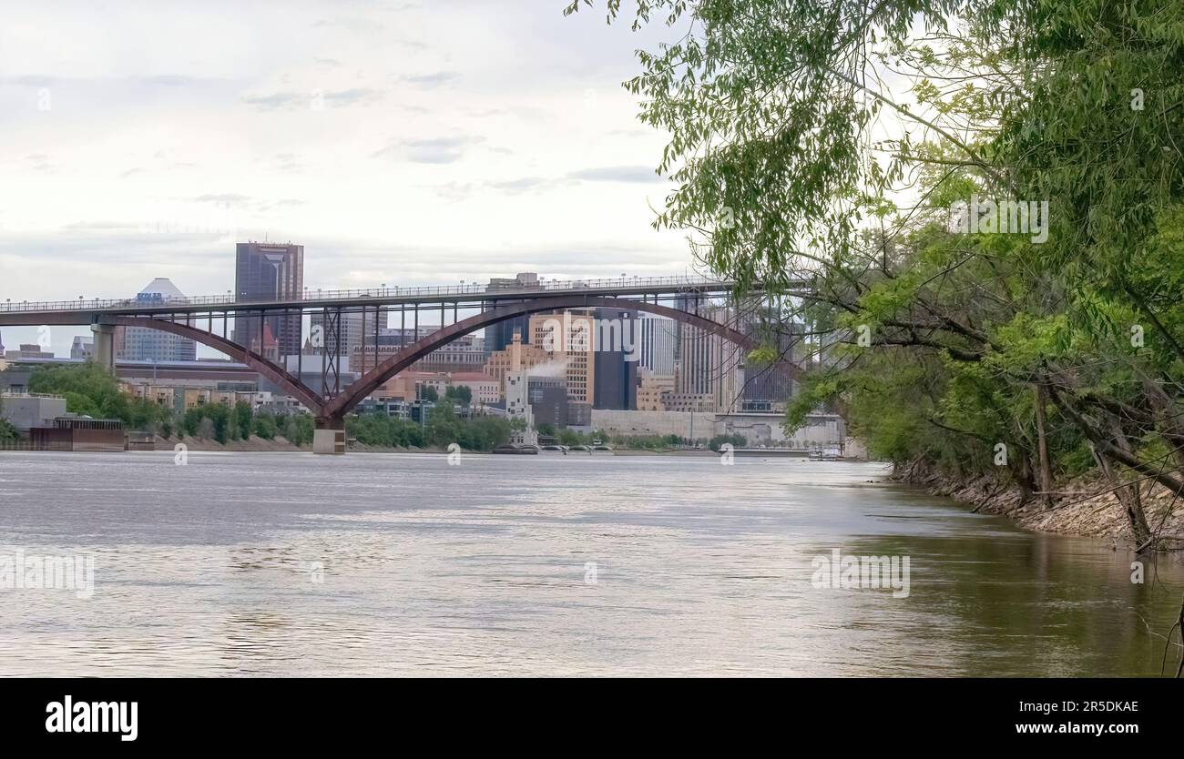 Mississippi River bridge and downtown St. Paul as seen across the ...