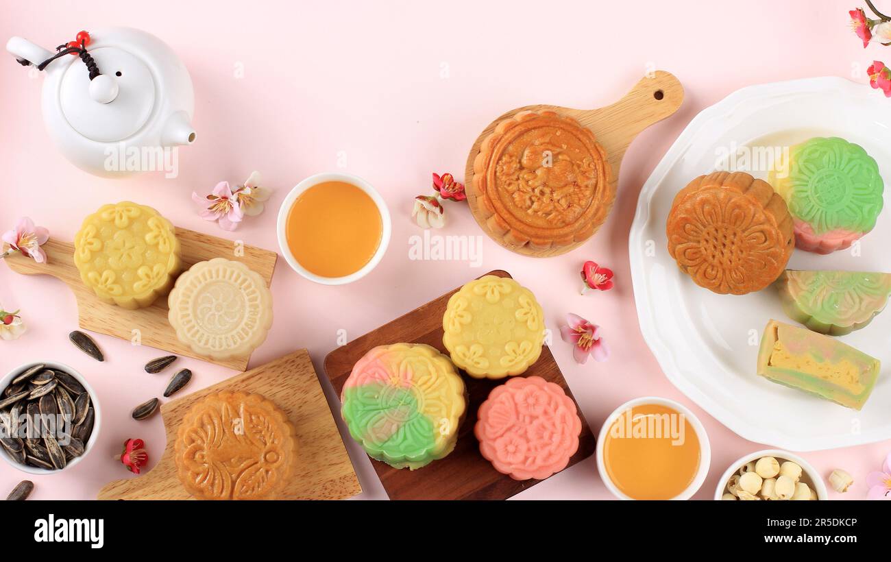 Mid Autumn Festival Food and Drink on Pink Background. Variety of ...