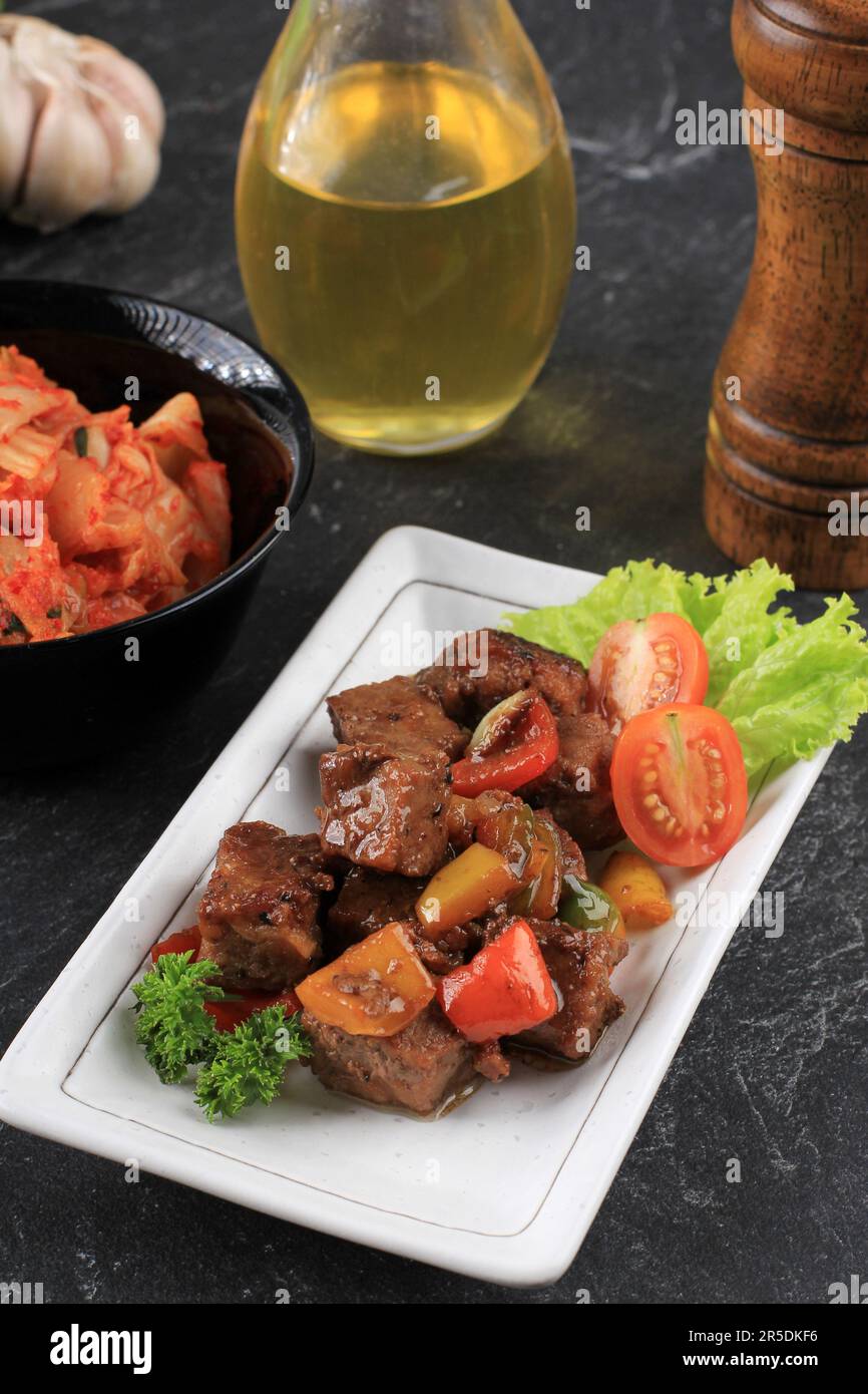 Saikoro Steak Diced Beef with Bulgogi Sauce, Served with Korean Kimchi ...