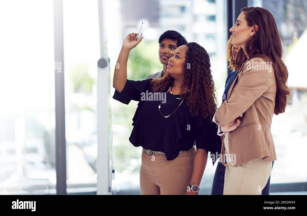 Lets see here...a group of businesswomen working on a whiteboard in the ...